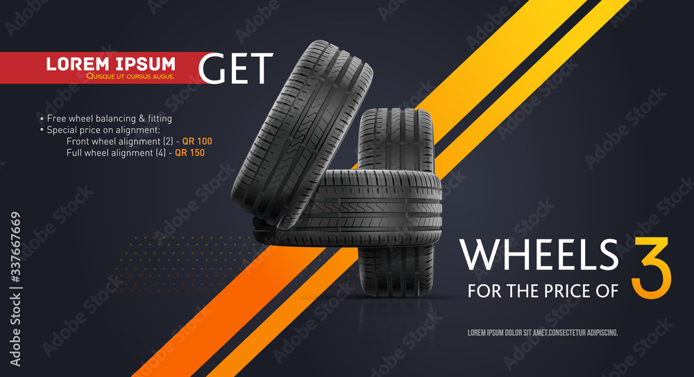 Car tire sale banner, buy 3 get 1 free. Car tyre service flyer promo ...