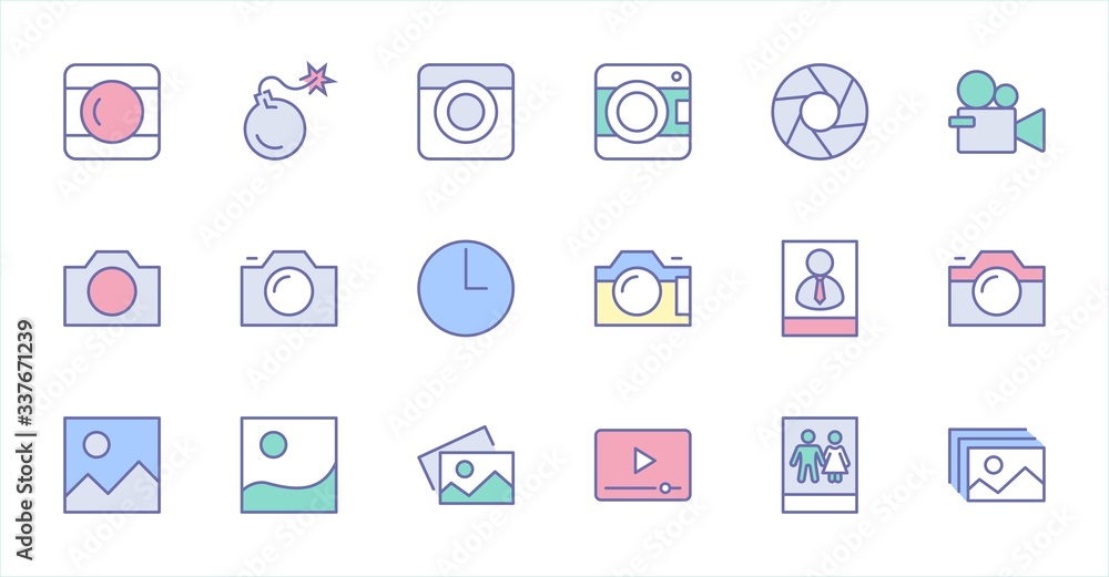 Set of Cameras and photo, vector line icons. Contains symbols of ...