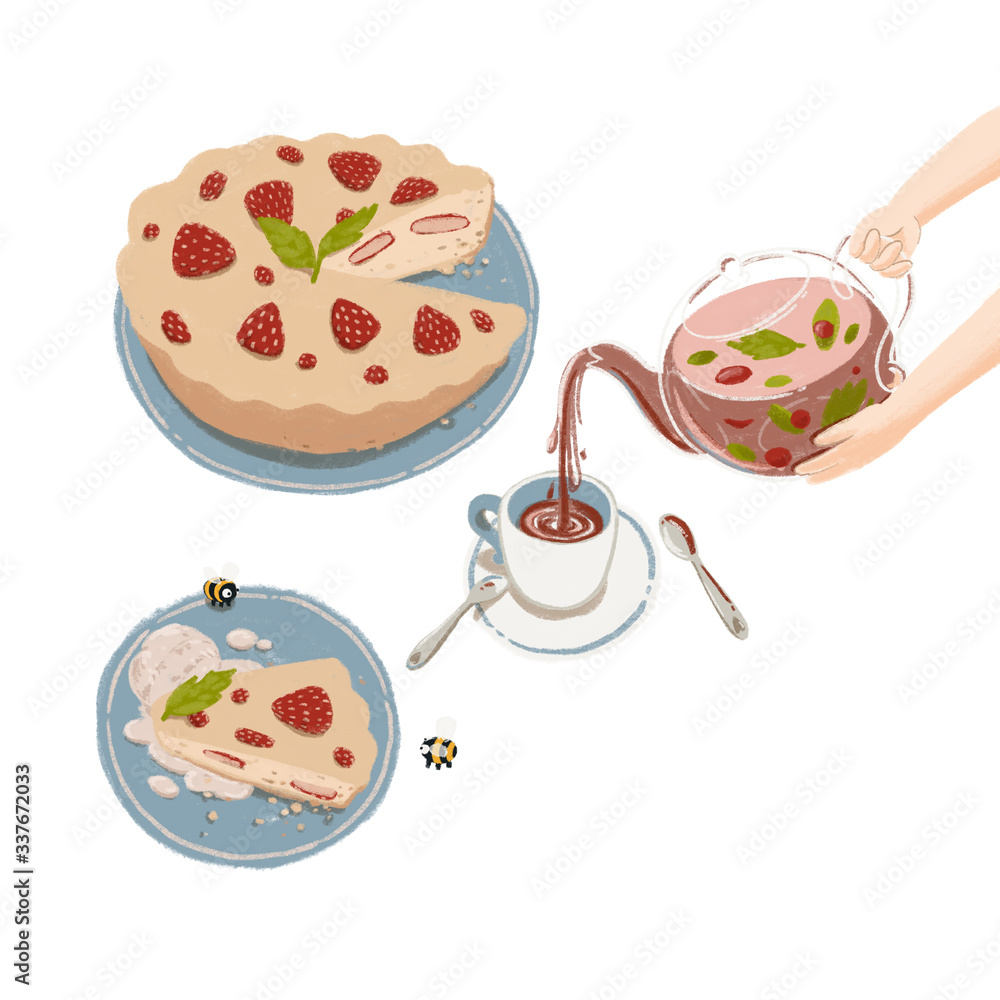 Cartoon tea party with flavor herbal berry tea in glass teapot and ...
