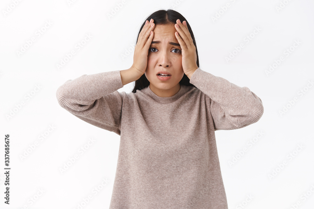 Troubled indecisive and sad young cute asian girl have problems with ...