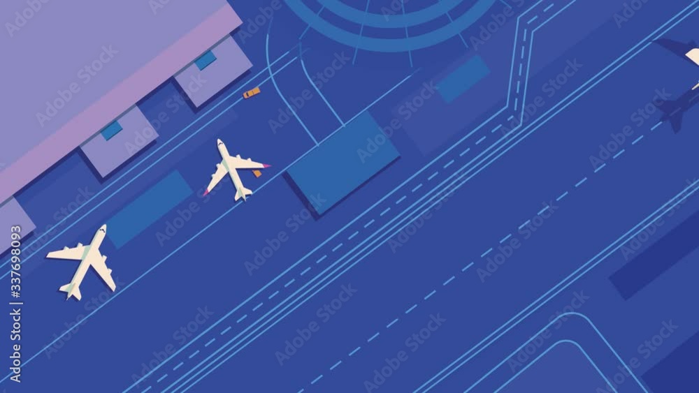 A top aerial view of an airport terminal and runway with parked ...