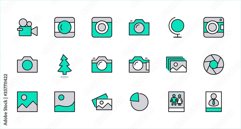 Set of Cameras and photo, vector line icons. Contains symbols of ...
