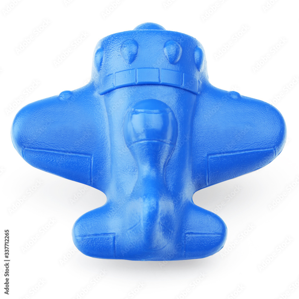 Blue plastic plane on a white background, close-up. Children's, light ...