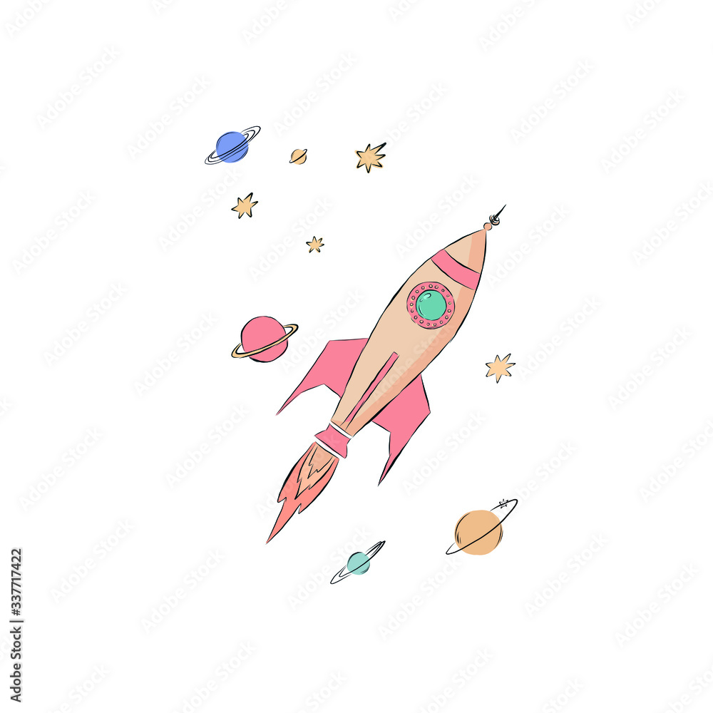 Rocket flight into space. Stars and planets of the solar system. Hand ...