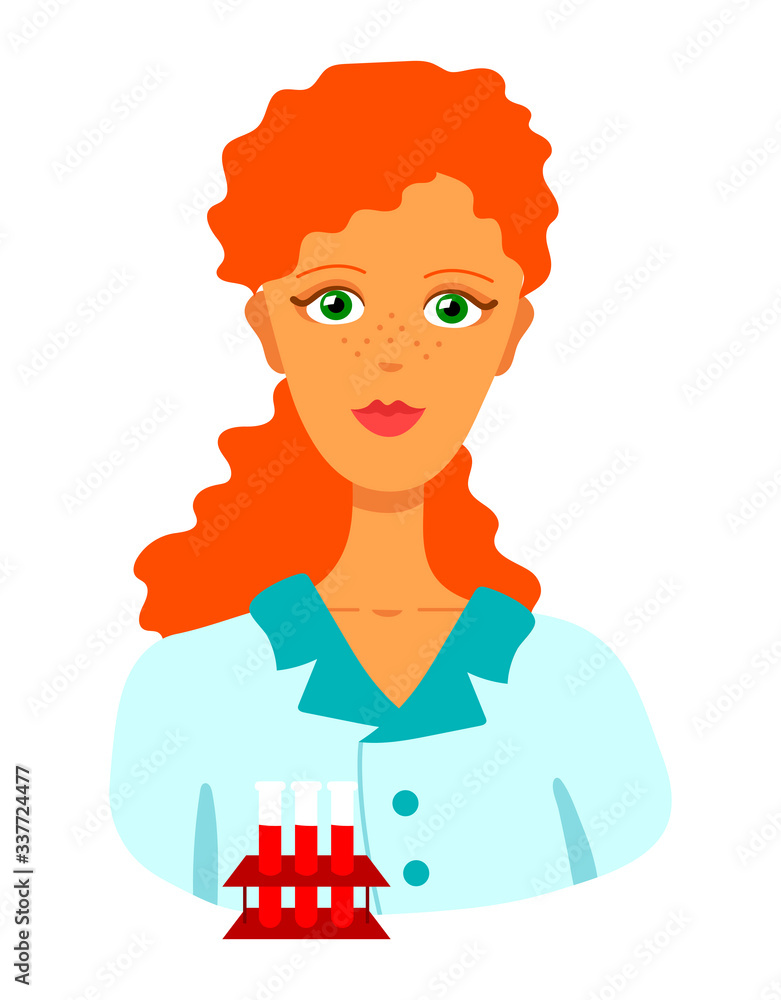 Woman redhead / ginger doctor with wavy hair and freckles in a blue lab ...