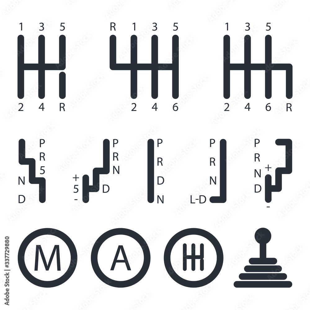 Gearbox. Icons for various types of gearboxes. Automatic, manual and ...