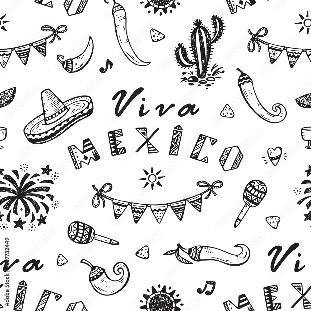 Viva Mexico Vector Seamless Pattern with Hand drawn doodle Sombrero ...