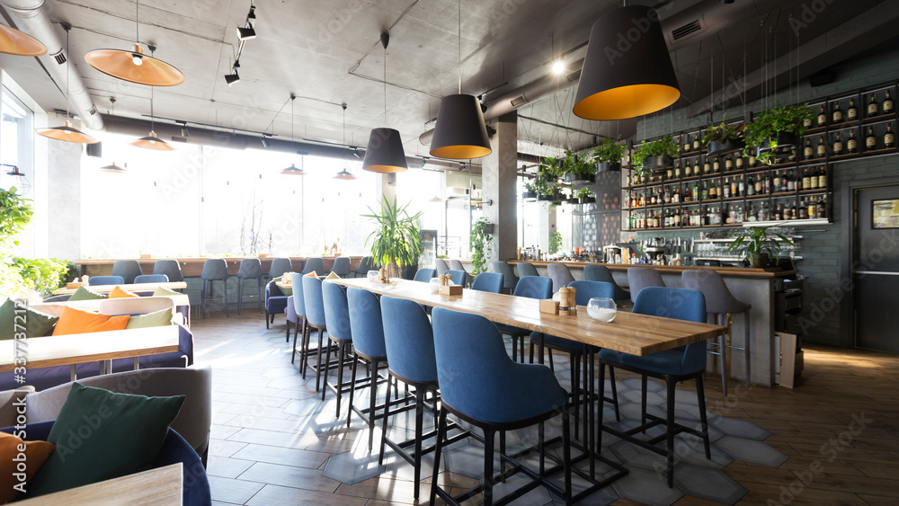 Loft style cafe and bar with luxury alcohol on shelves Stock Photo ...
