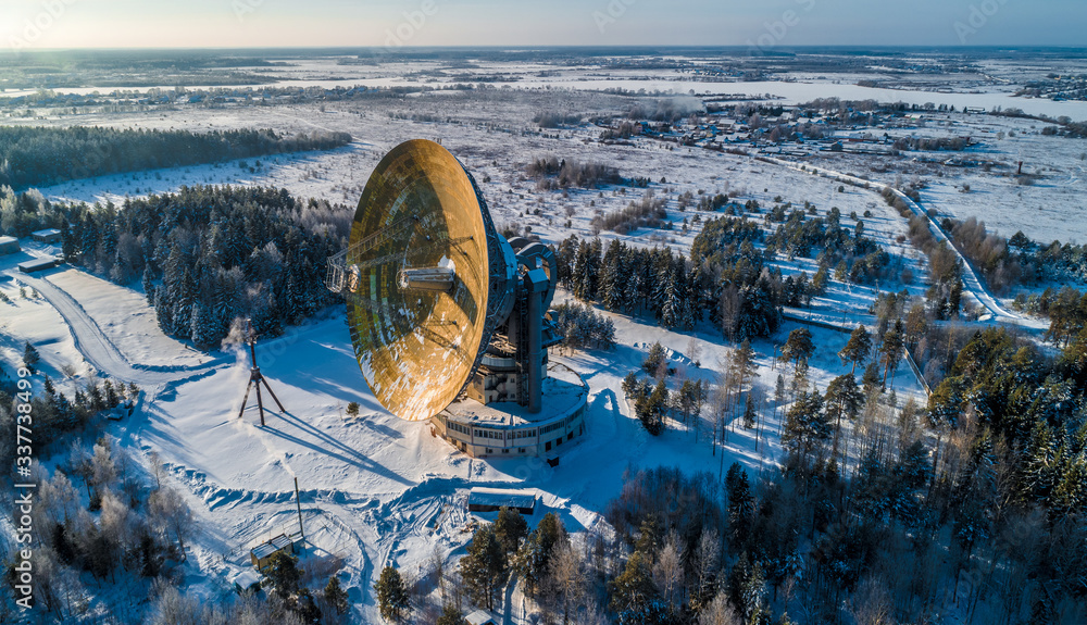 An aerial view of RT-64 (aka TNA-1500) radio telescope of Kalyazin ...