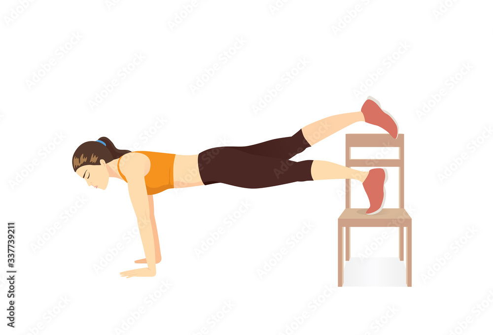 Woman doing Plank with Leg Extensions with chair in 2 steps ...