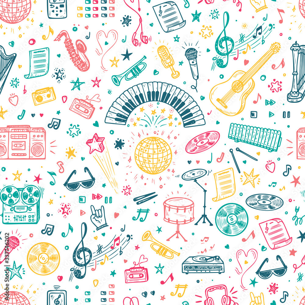 Vector Music background. Seamless pattern with Hand drawn doodle ...