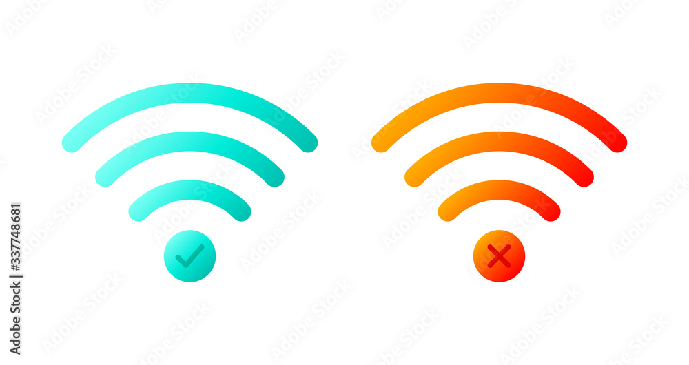 Vector icon set of wireless wifi symbols with check mark and x mark ...