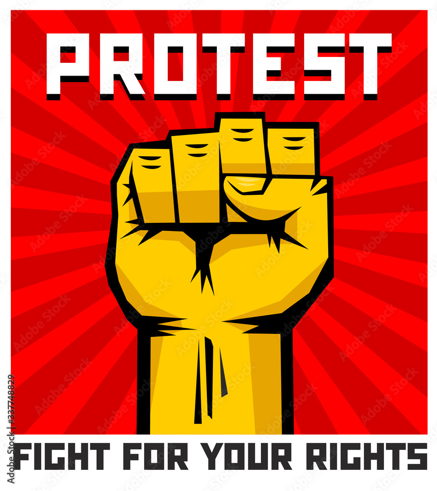 Fist male hand, symbol of the proletarian revolution. Yellow strong ...