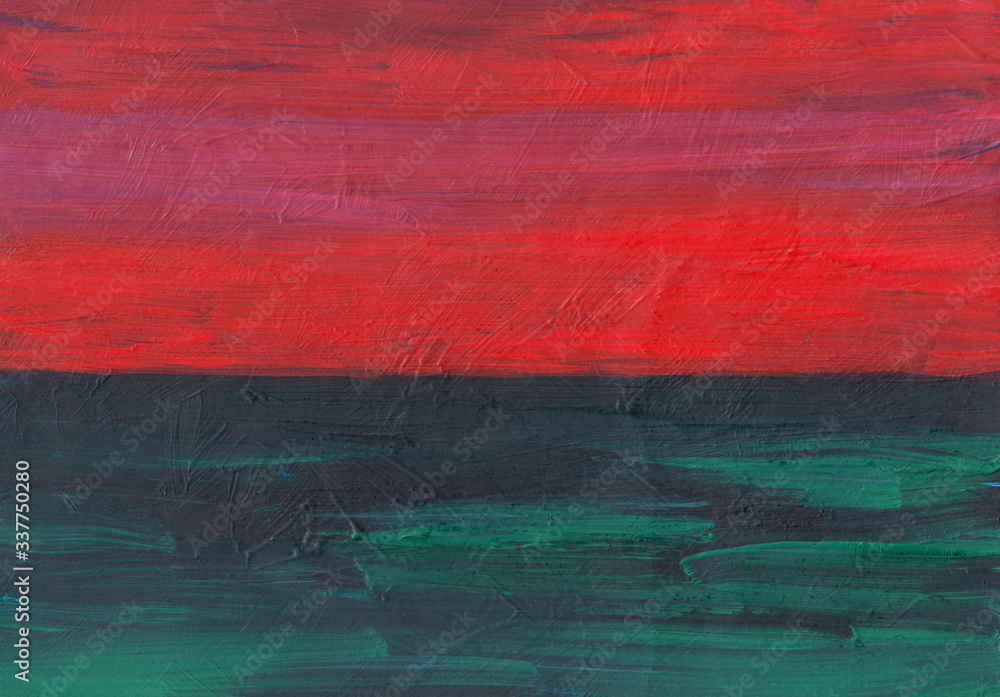 Deep red and green background painting. Abstract minimalist landscape ...