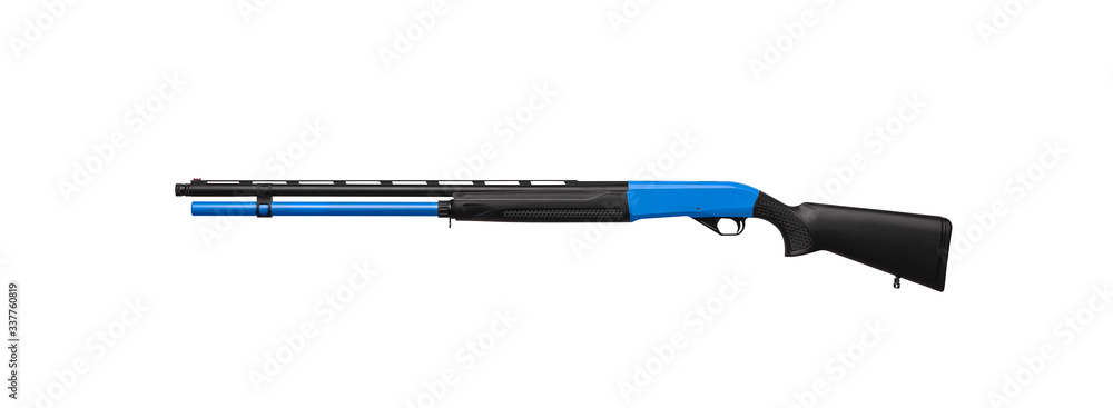 Modern black semi-automatic shotgun with blue accents isolate on a ...