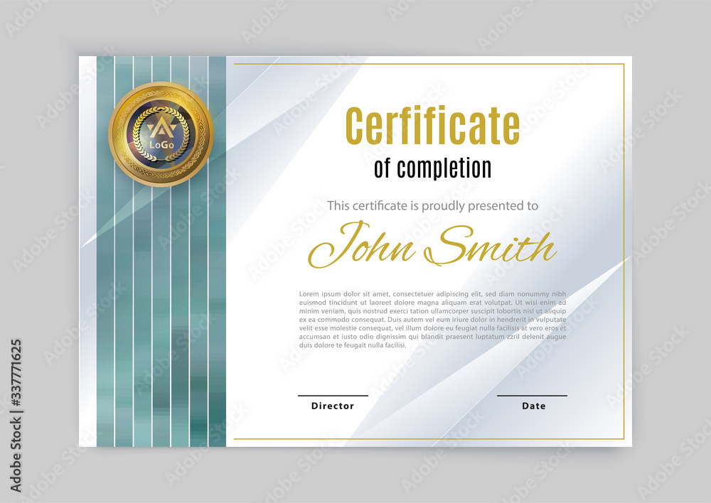 Official white certificate with green design elements. Modern blank ...