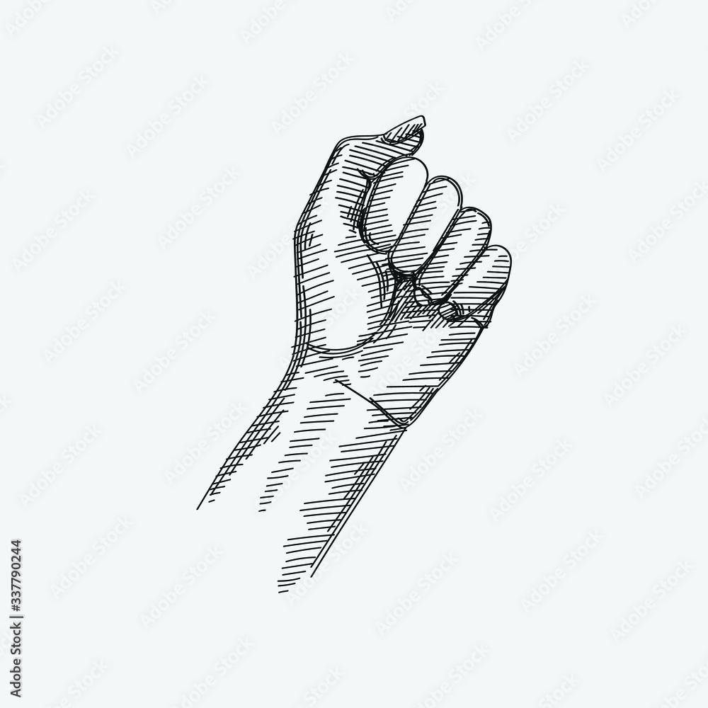 Hand-drawn sketch of Left-Facing Fist gesture on a white background ...