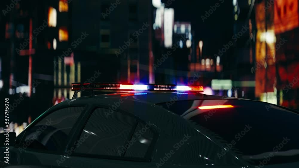 Modern police car with flashing lights, close-up. Policemen patrolling ...