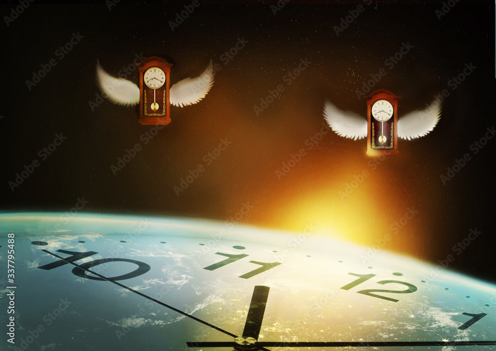 Flying clock with wings in space Stock Photo | Adobe Stock