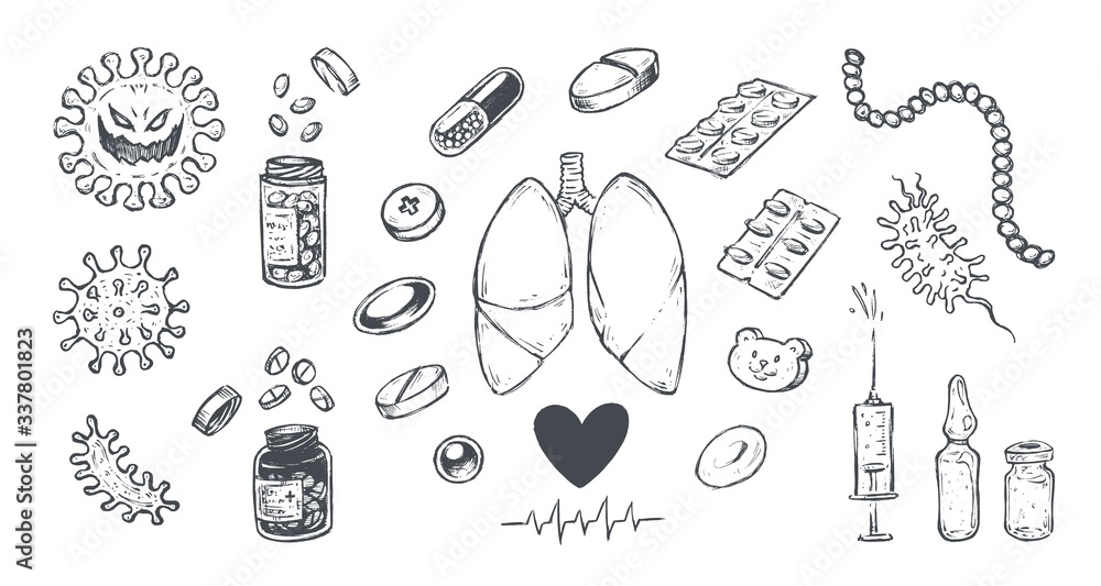 Medical icons with coronavirus Covid-19, healthy lungs, vaccine and ...