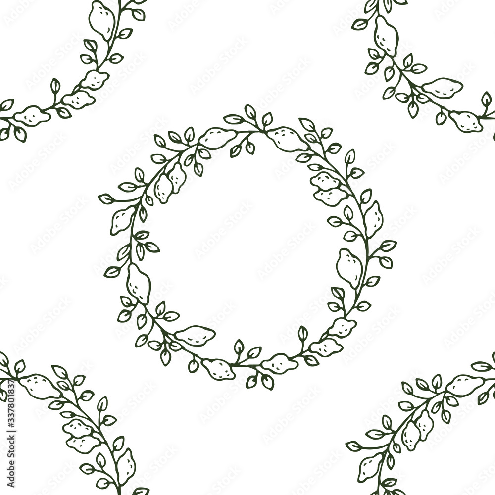 Vector seamless pattern with linear hand drawn simple round wreathes ...