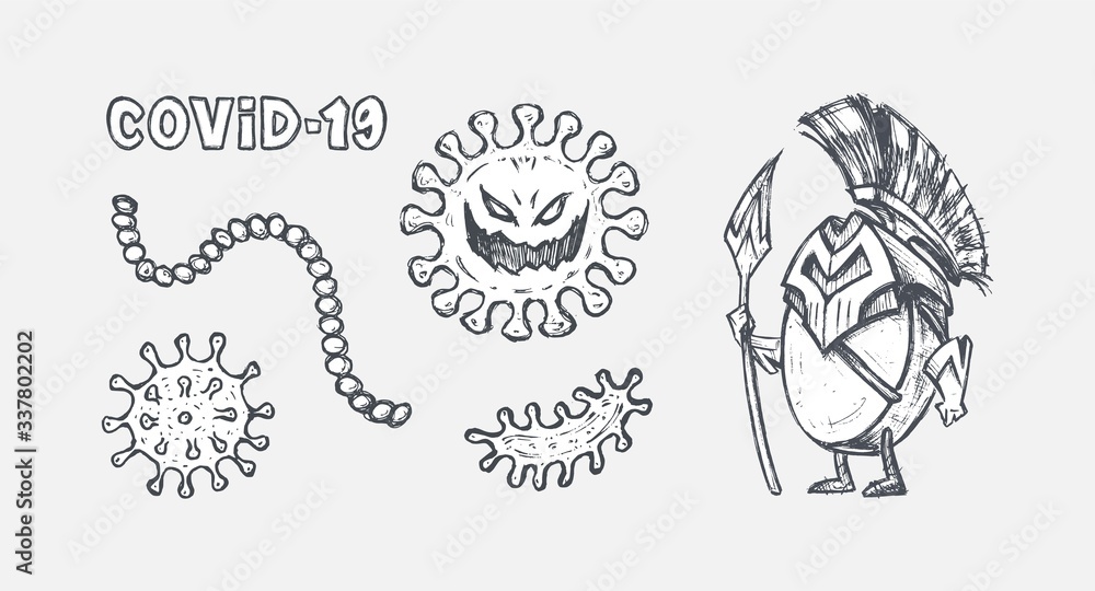 Coronavirus Covid-19 with bacterial infections against defender cartoon ...