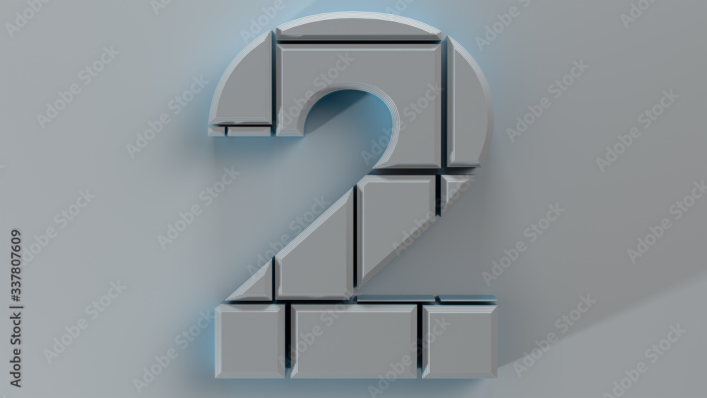 3d render white number two made from random blocks of cubes with a ...