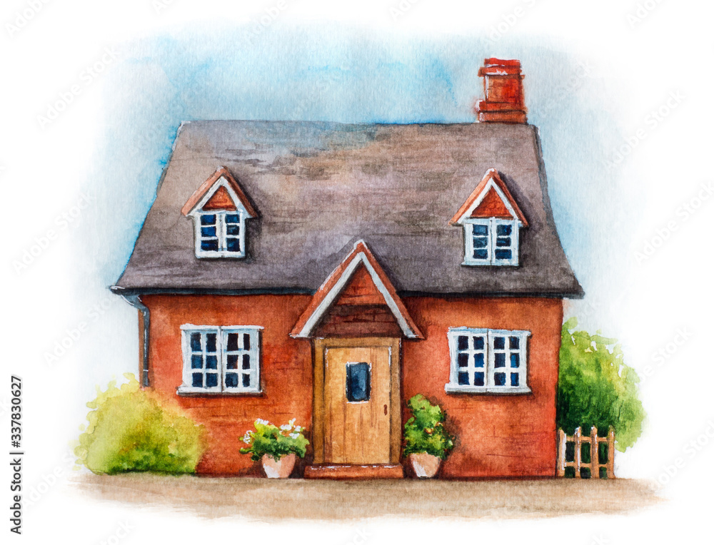 Watercolor illustration of traditional English house isolated on white ...