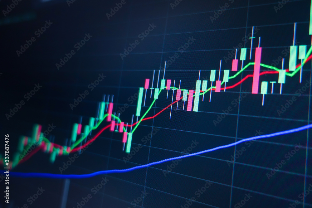 Stock market trading graph and candlestick chart on screen monitor ...