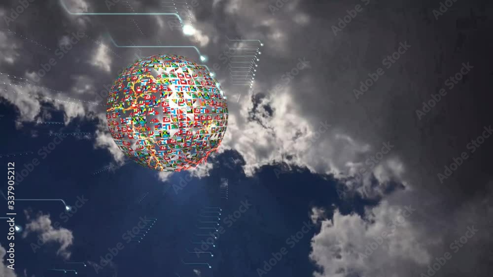 4k 3d animation about a pandemic, showing a globe made up of flags of ...
