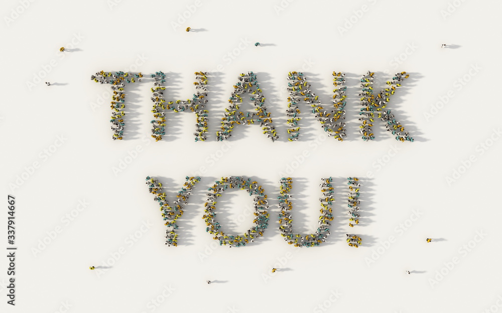 Large group of people forming the phrase Thank you on white background ...