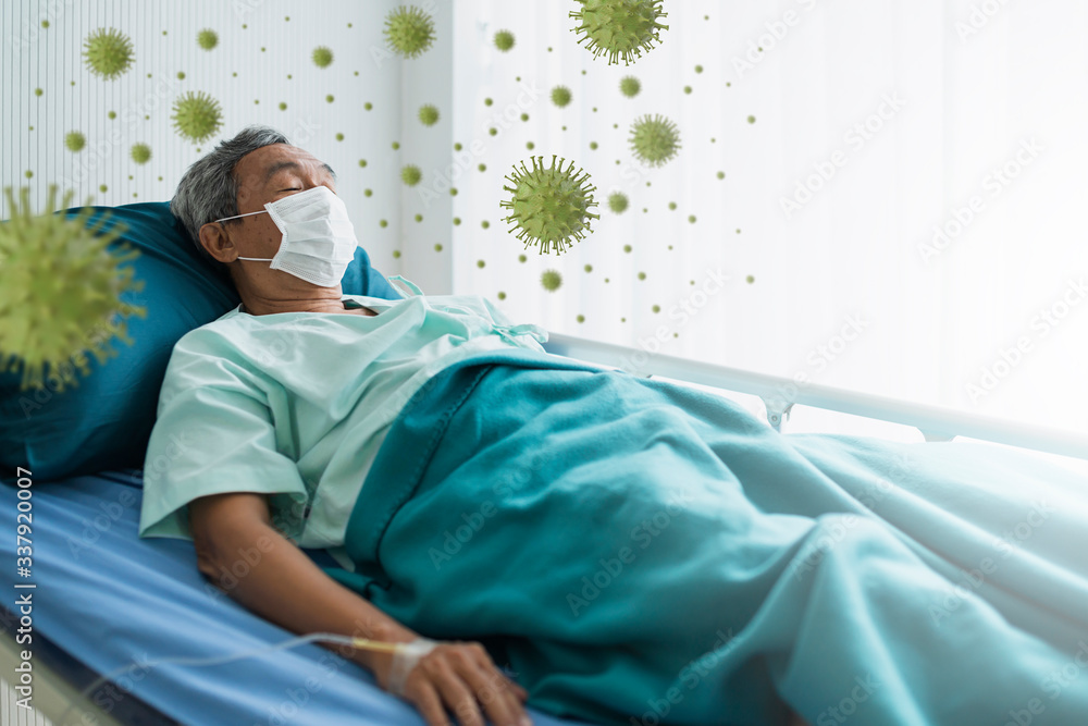 Asian patient senior man lying in hospital bed because of coronavirus ...