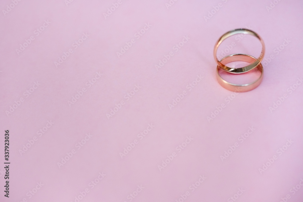 Two gold wedding rings of the bride and groom, husband and wife lie in ...
