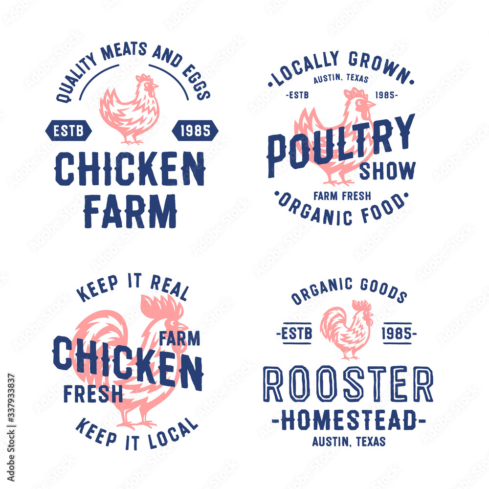 Set of Vintage Hand Drawn Chicken and Rooster Badges, Emblems and Logos ...