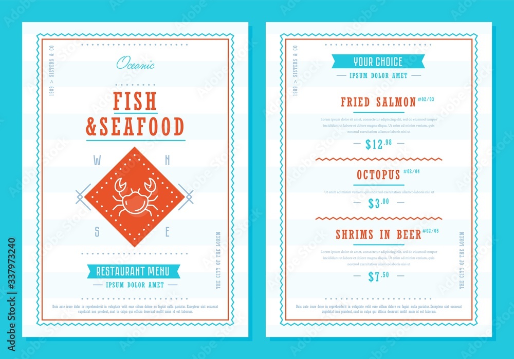Seafood menu design. Fish restaurant menu layout design brochure or ...