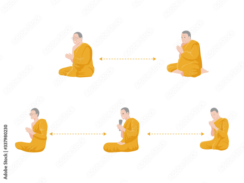 Social Distancing, Set of Monk Pray and keep distance for infection ...