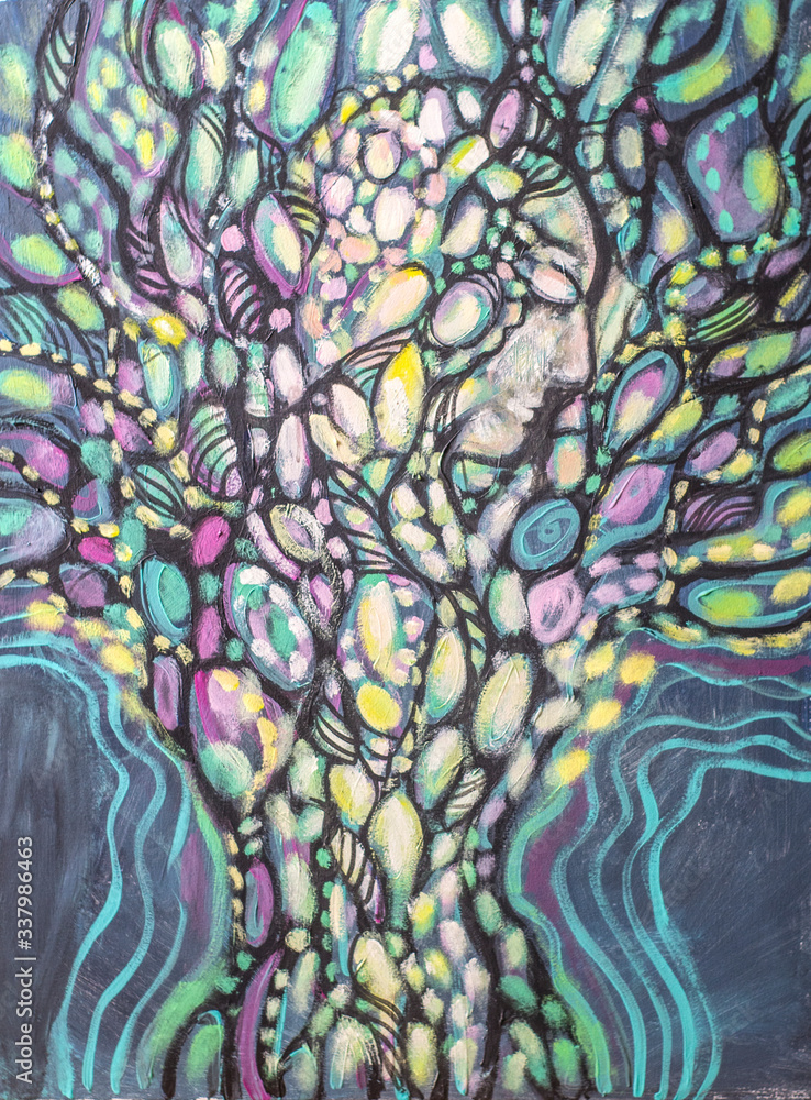 Painting a female image in a stream .Tree of life symbol. Stock ...