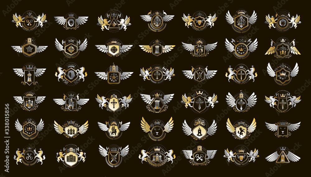 Classic style emblems big set, ancient heraldic symbols awards and ...