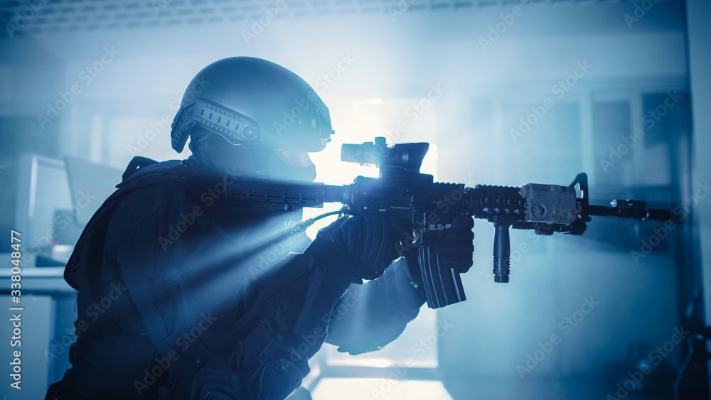 Poster Close Up Portrait of Masked Squad Member of Armed SWAT Police ...