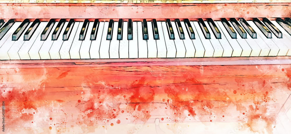 Abstract colorful piano keyboard on watercolor illustration painting ...