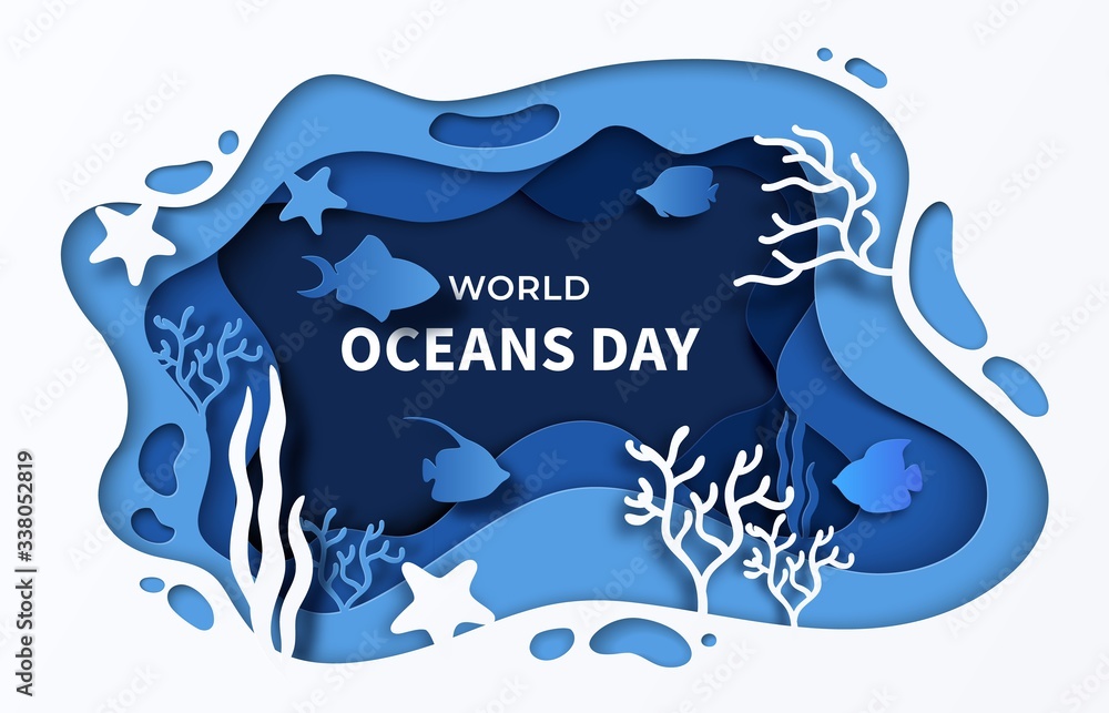Vektorová grafika „World Oceans Day paper cut sea background. 8 june ...