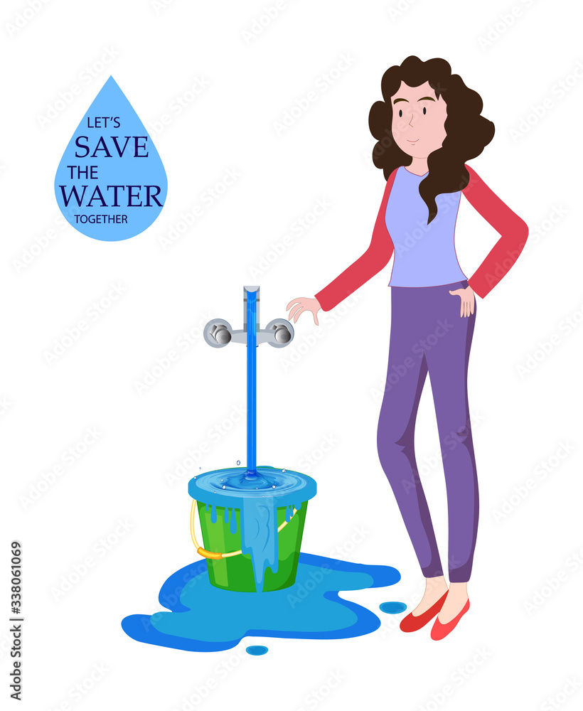 Women closing the water tap as water is overflowing from damage or hole ...