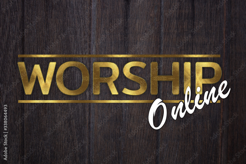 The word WORSHIP online concept written in gold texture on wooden ...