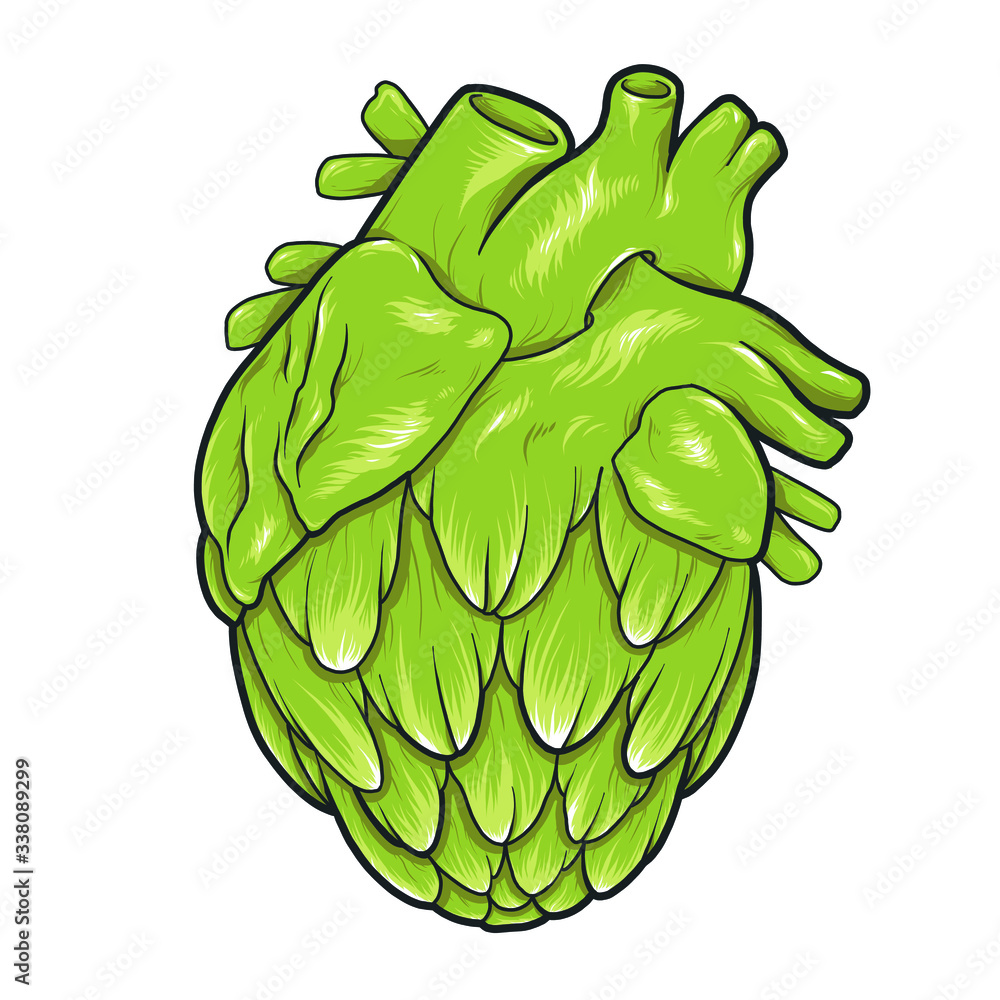 Green Heart Hop Cone. Hop cone logo. Beer Cone Illustration. Heart Hops ...