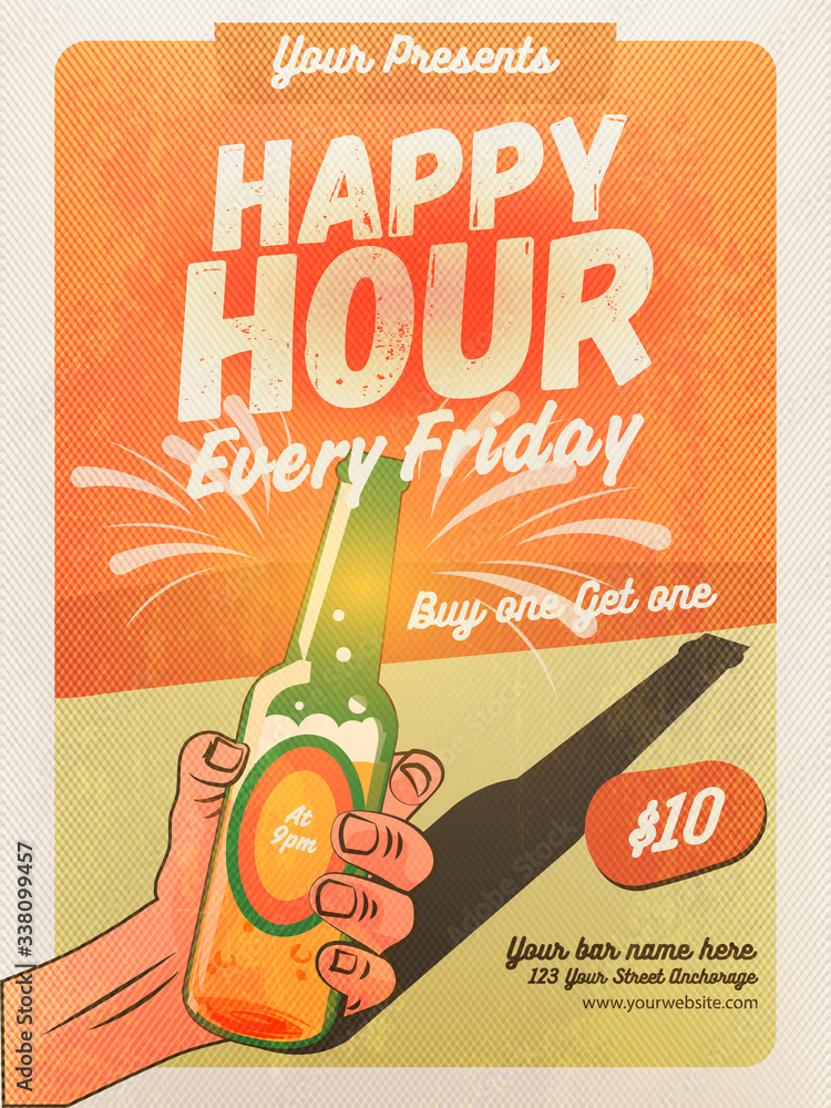 Happy Hour offer flyer template with beer bottle, hand on colorful ...