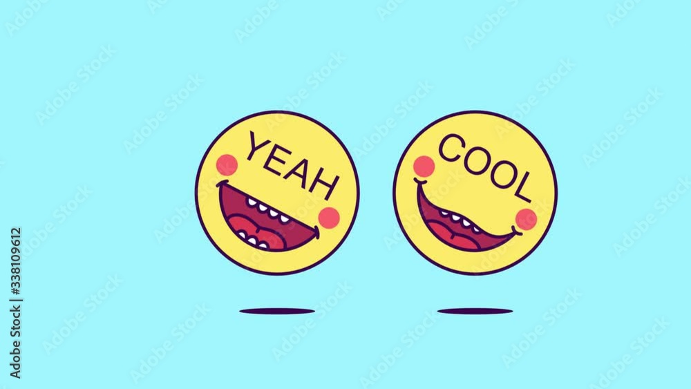 2 jumping emoji faces with phrase Yeah Cool. Funny emoticon with text ...