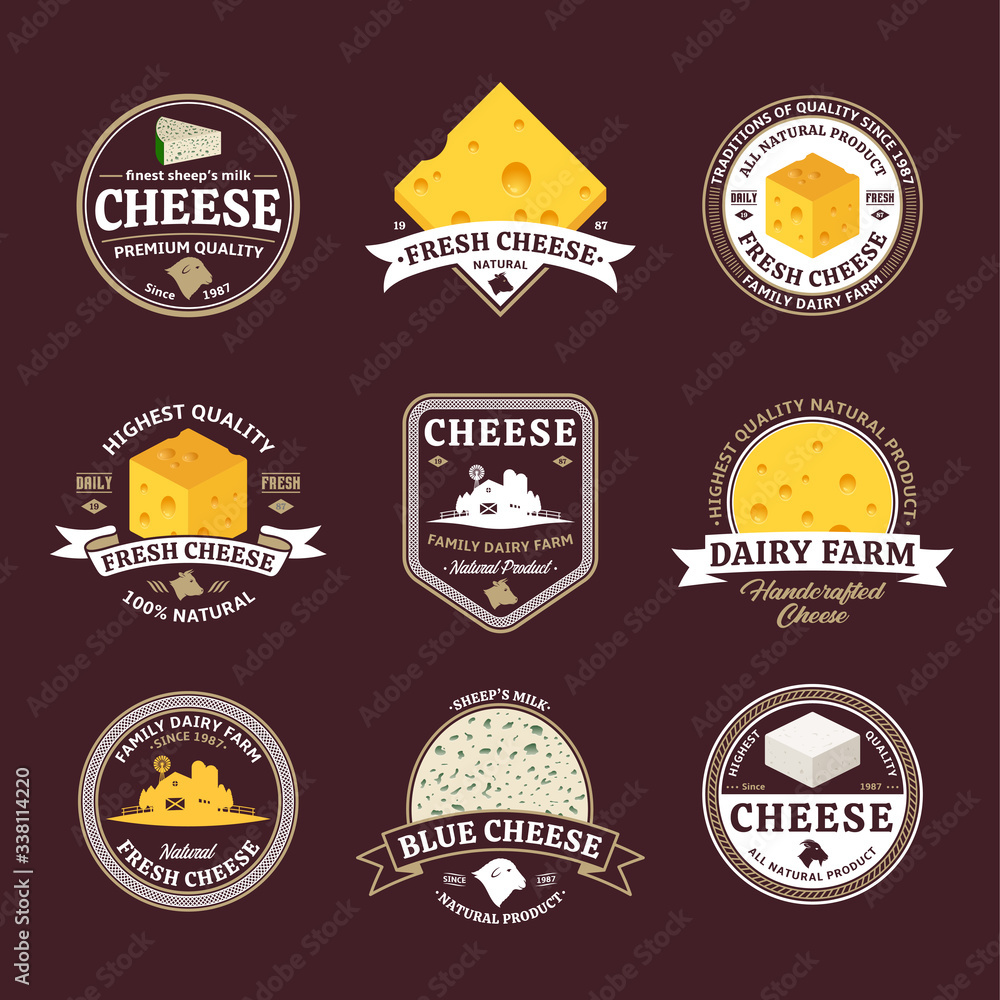 Set of cheese logo templates isolated on a brown background. Cheese and ...