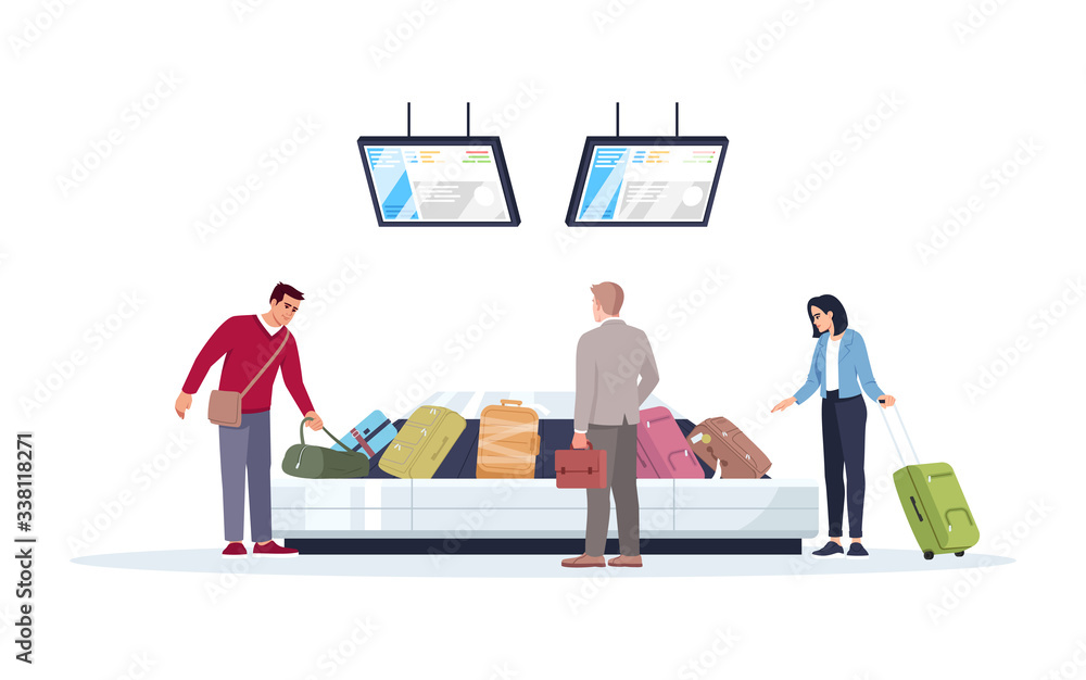 Baggage carousel semi flat RGB color vector illustration. Tourist wait ...