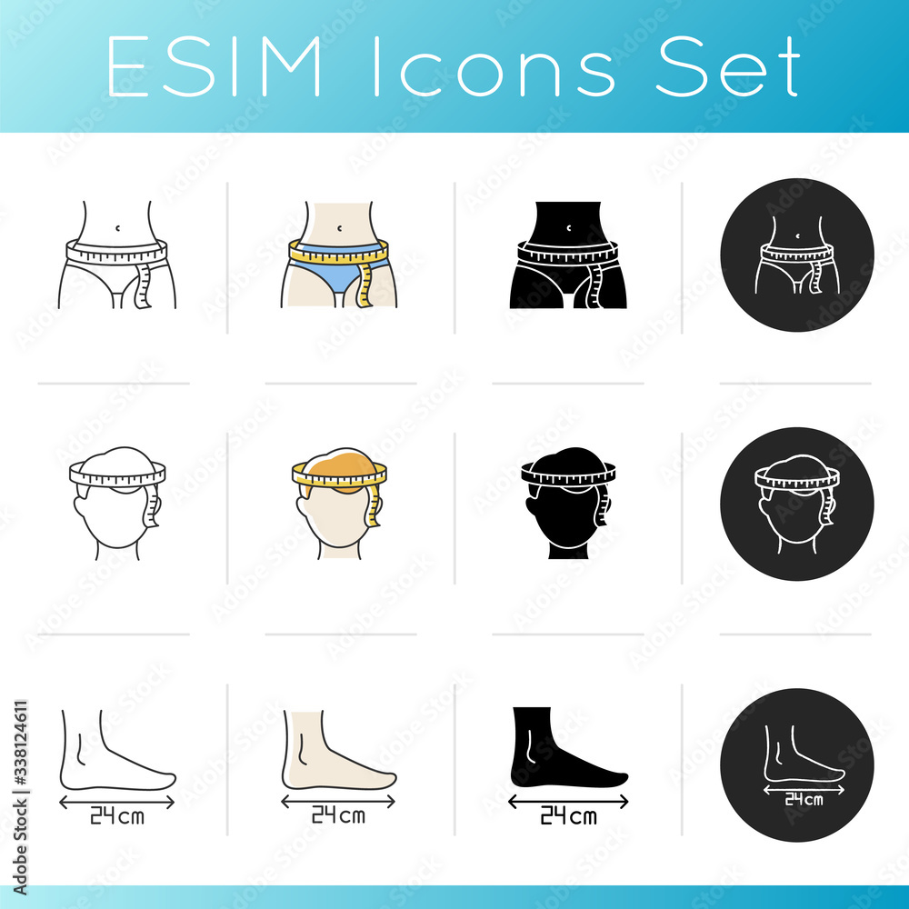 Body size parameters icons set. Linear, black and RGB color styles ...
