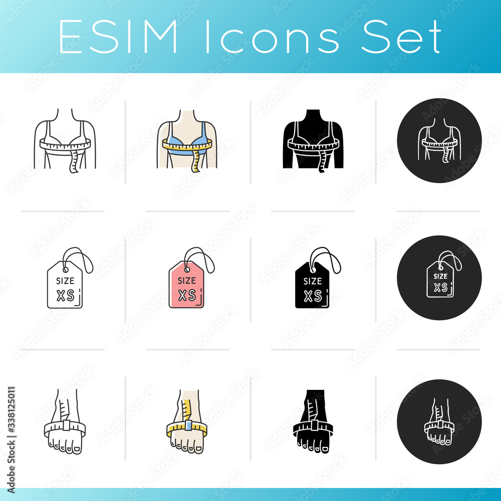Body measuring and size label icons set. Linear, black and RGB color ...